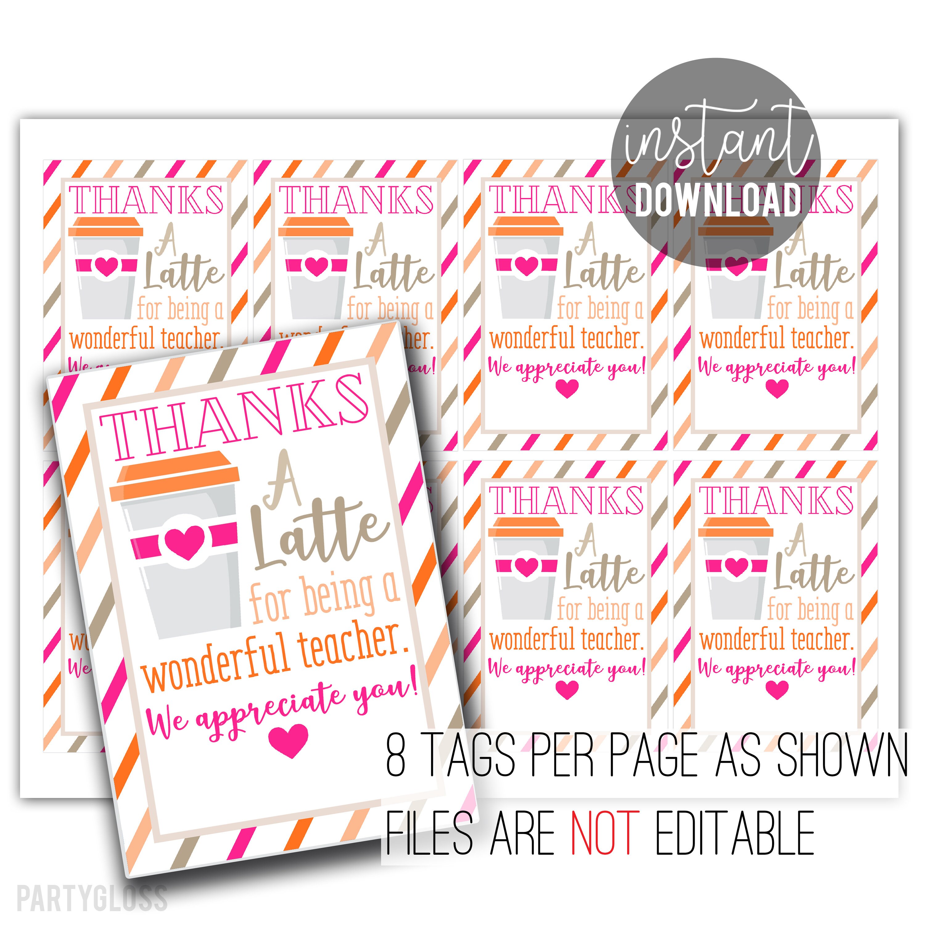 Teacher Appreciation Coffee Theme Printable Gift Tags, Thanks A Latte ...