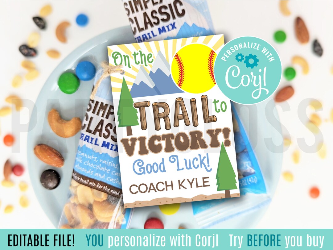 Editable Softball Trail Mix Printable Gift Tags, on the Trail to ...