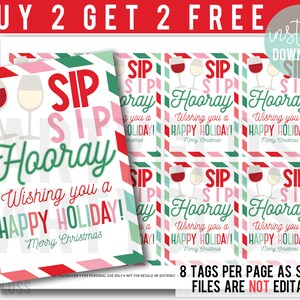 Sip Sip Hooray Holiday Printable Wine Tags, Christmas Wine Printable ...