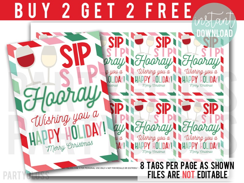Sip Sip Hooray Holiday Printable Wine Tags, Christmas Wine Printable ...