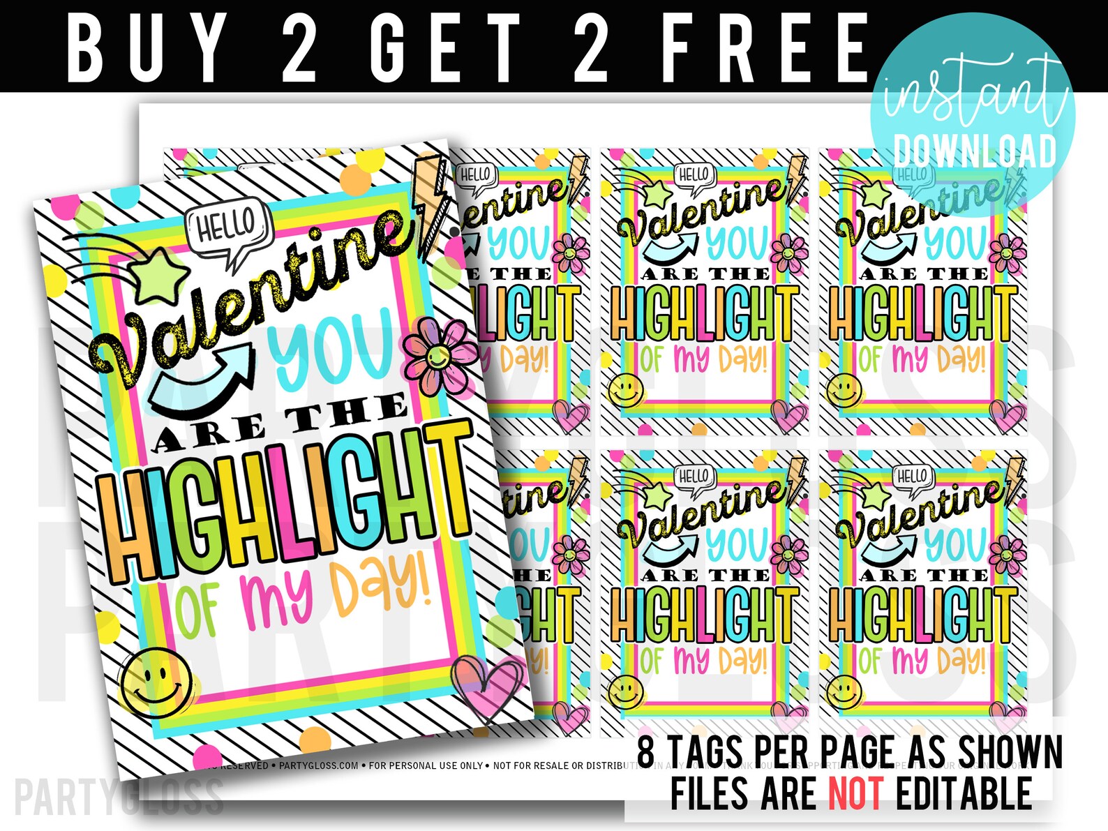 Valentine's Day Printable Tags Neon Highlight of My Day Valentine Class ...