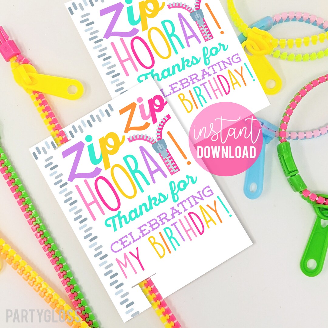 Zipper Bracelet Birthday Party Printable Tags, Zip Zip Hooray Non Food ...