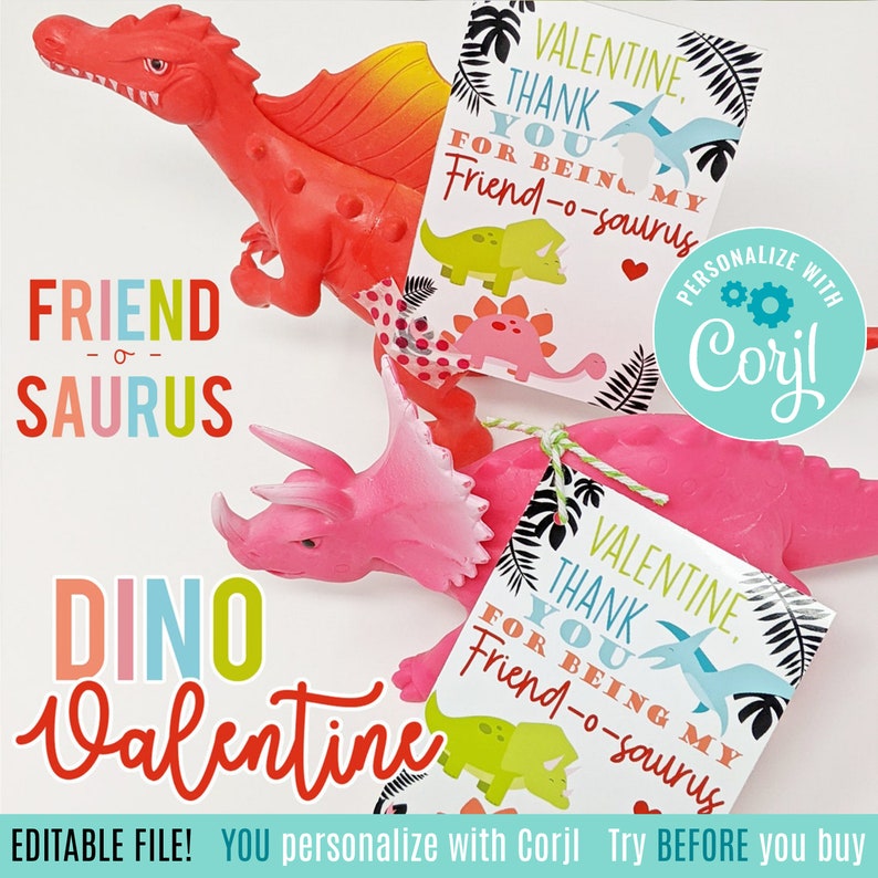 Editable Valentine's Day Printable Tags Dinosaur Valentine - Etsy