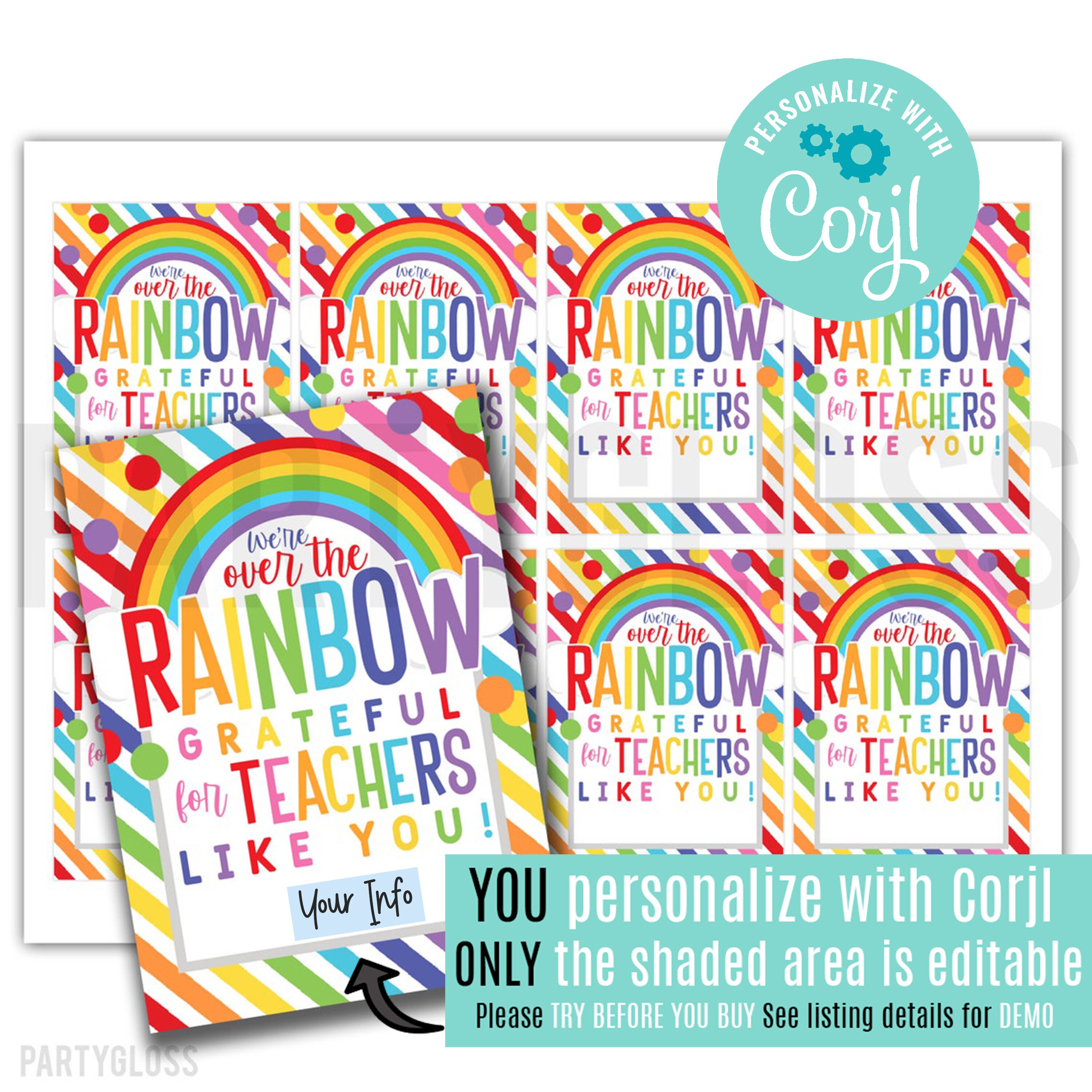 Editable Teacher Appreciation Printable Tag Over the Rainbow - Etsy