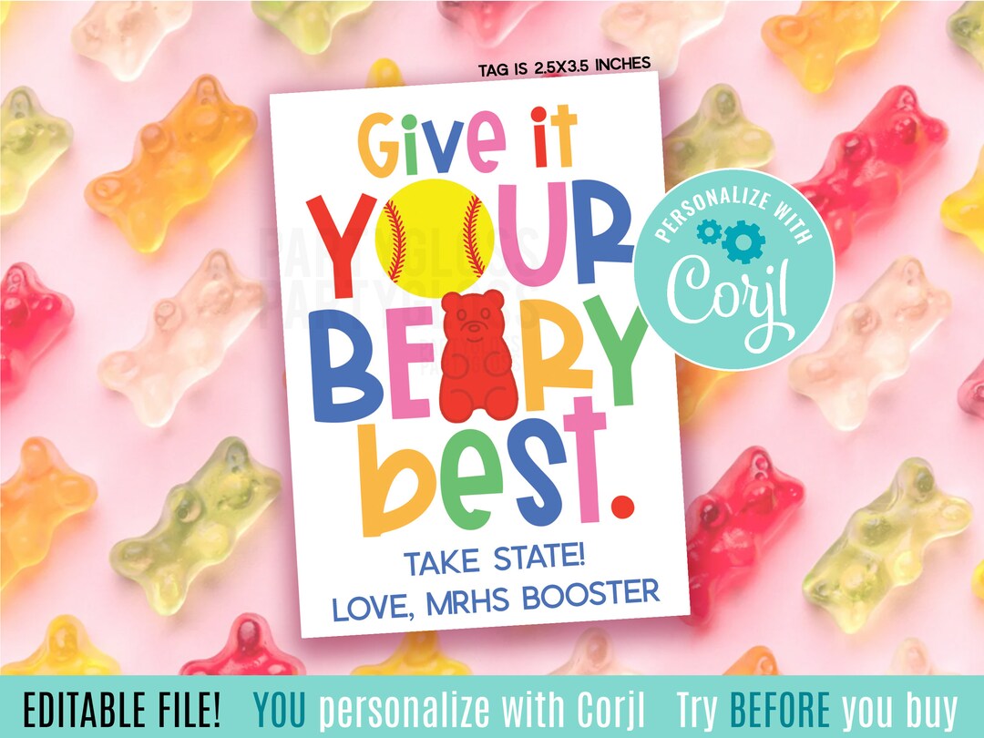 Editable Softball Give It Your Beary Best Good Luck Printable Gift Tags ...