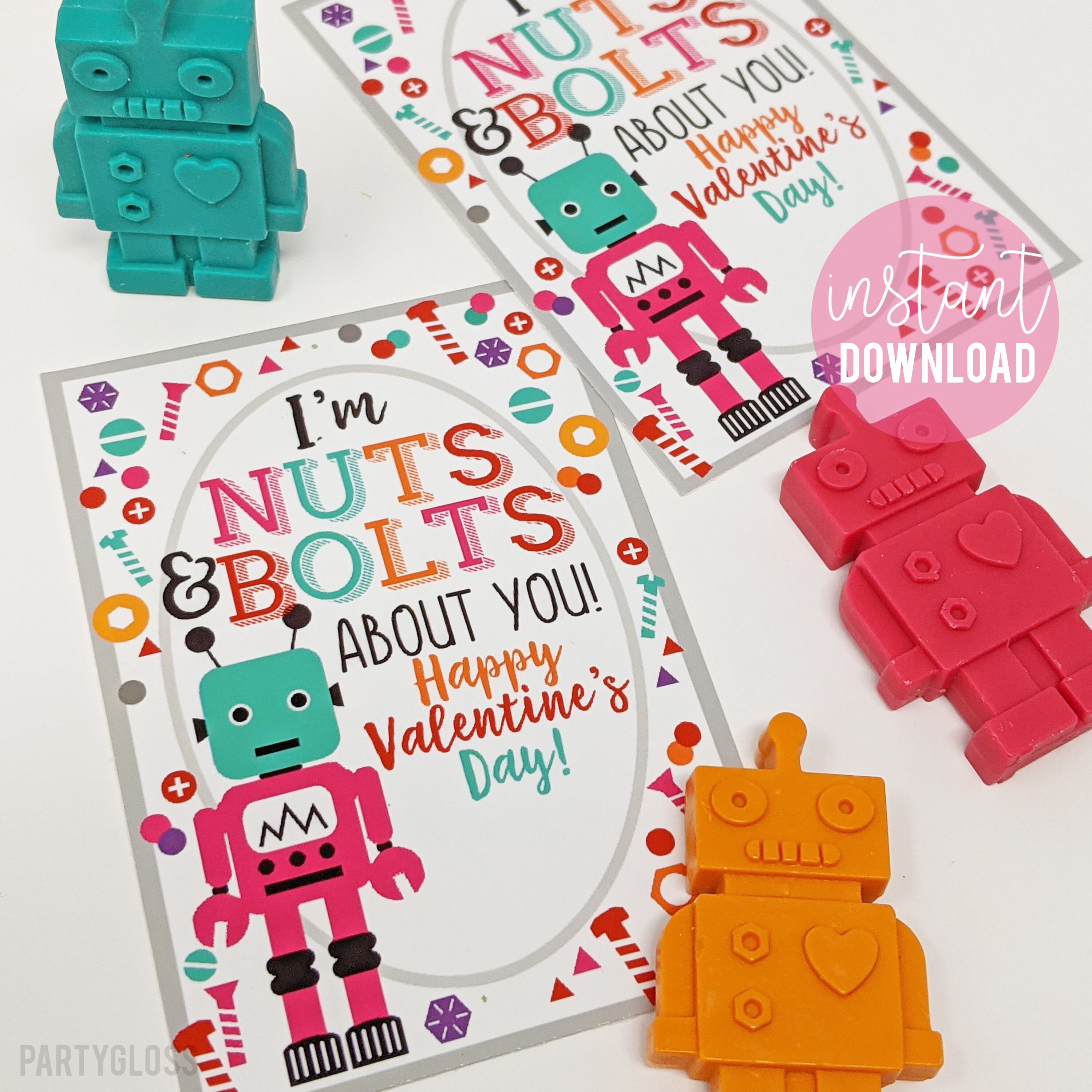 Robot Valentine's Day Printable Tags Nuts & Bolts About - Etsy