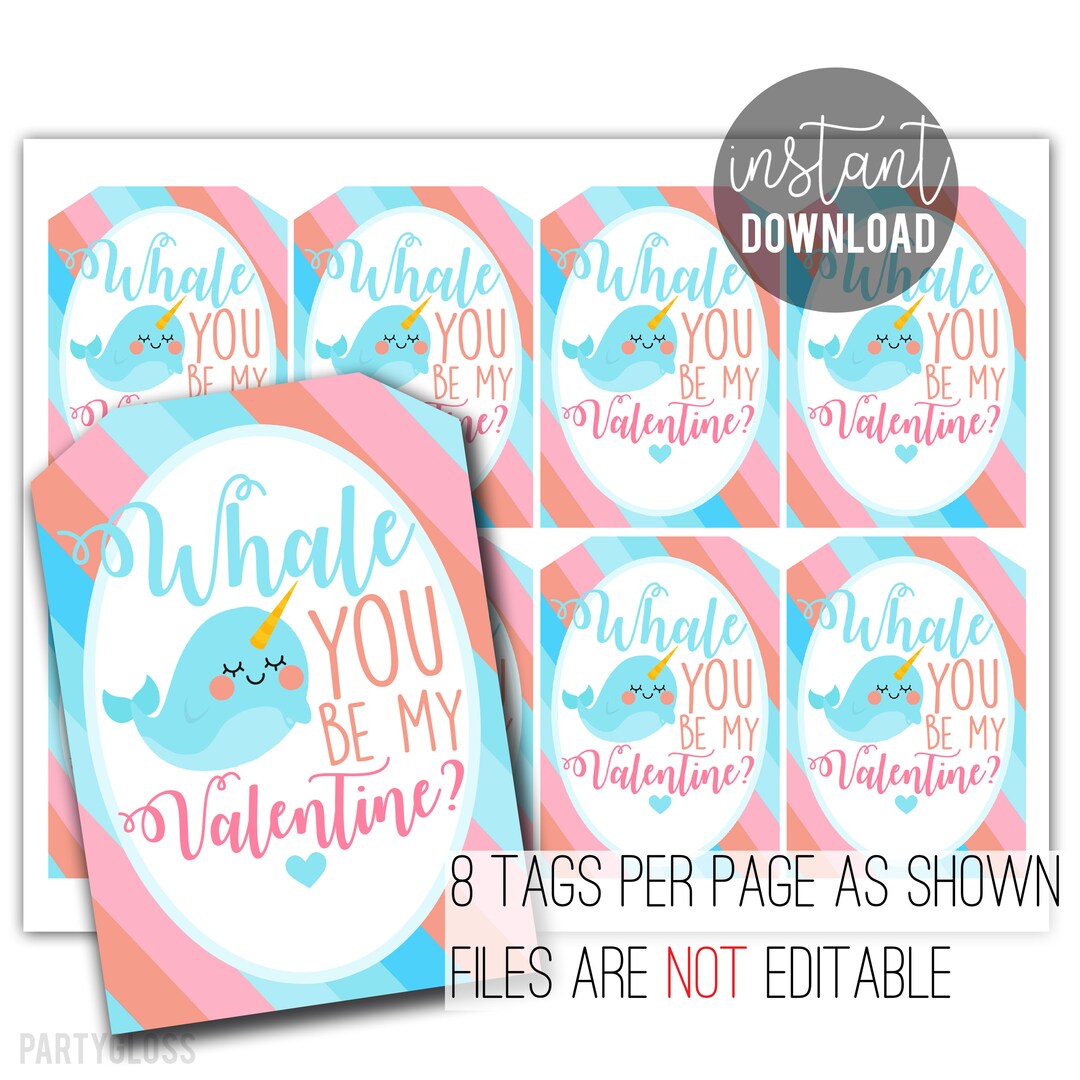 Whale Valentine's Day Printable Tag Narwhal Valentine Class Team Friend ...