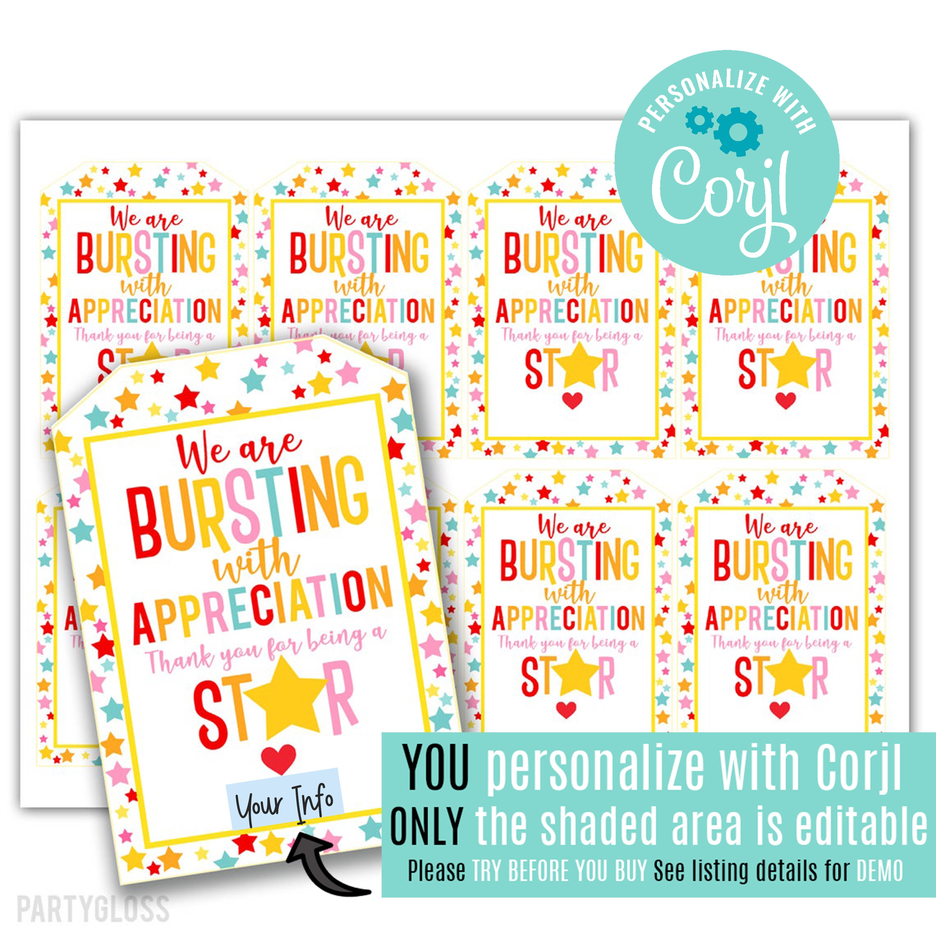 Editable Star Candy Bursting With Appreciation Printable Gift Tags ...