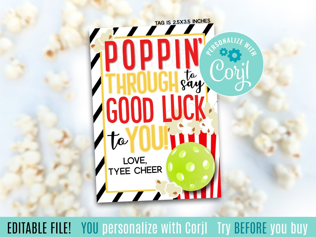 Editable Pickleball Popcorn Good Luck Printable Gift Tags, Popping ...