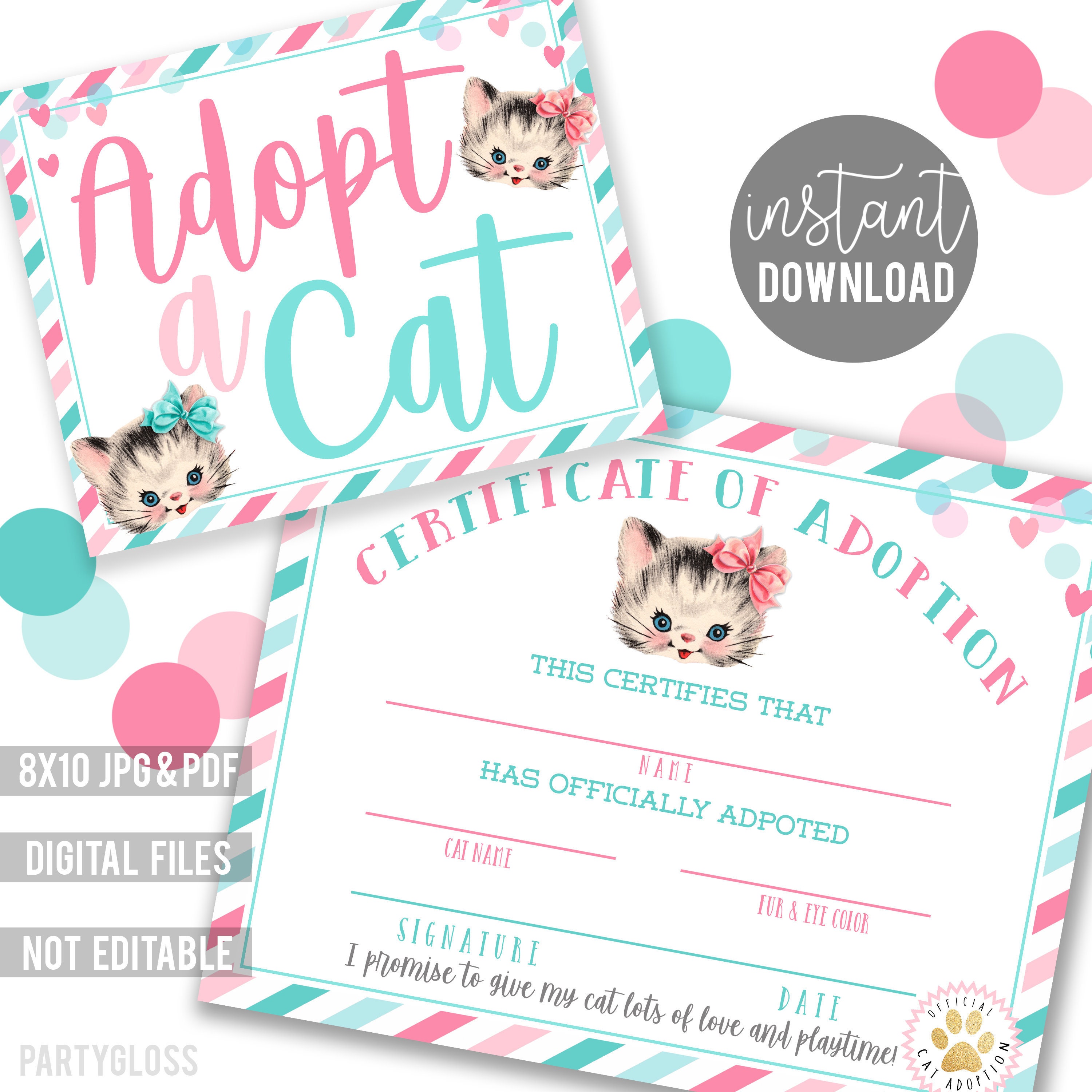Cat Adoption Certificate Printable Kitten Party Activity | Etsy