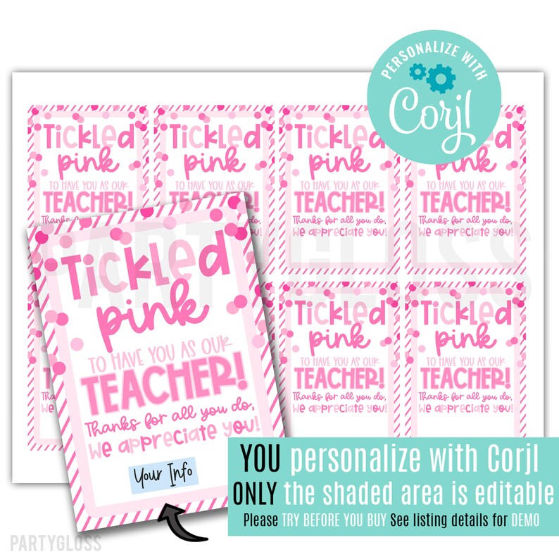 Editable Teacher Appreciation Printable Tag Tickled Pink Our - Etsy