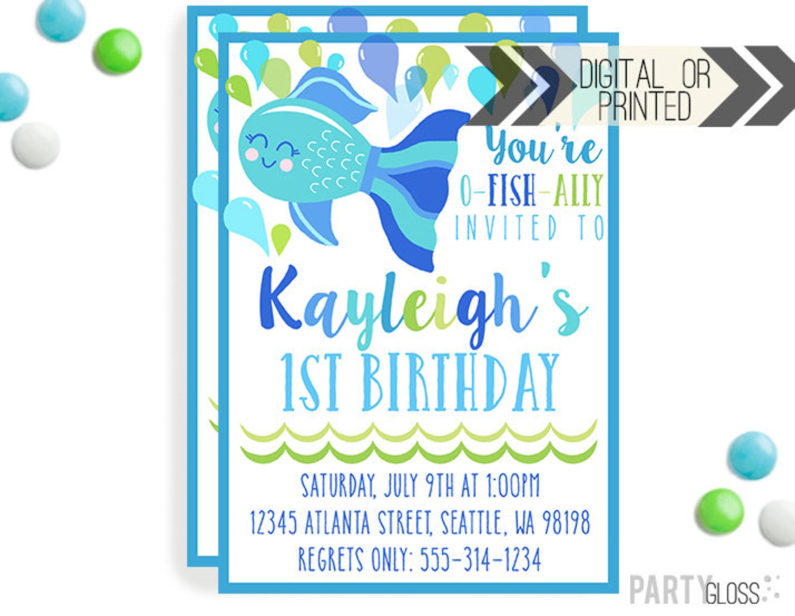 Fish Birthday Invitation | Digital or Printed | Blue Fish Invitation ...
