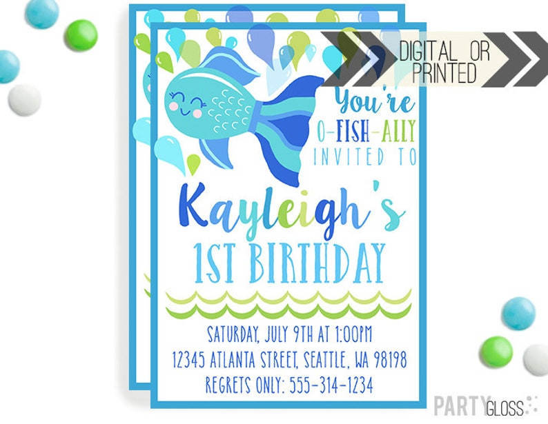Fish Birthday Invitation | Digital or Printed | Blue Fish Invitation ...