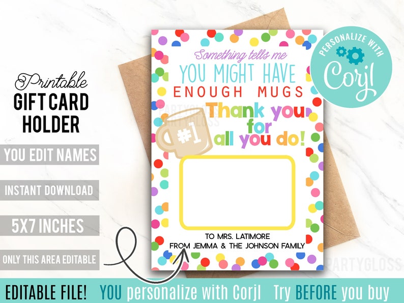 Editable Teacher Appreciation Printable Gift Card Holder, Thank You for ...