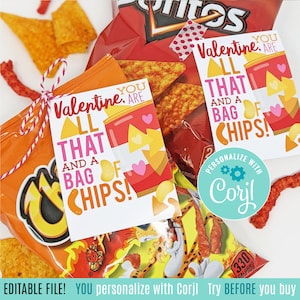 Editable Valentine's Day Printable Tags All That and A Bag of Chips ...