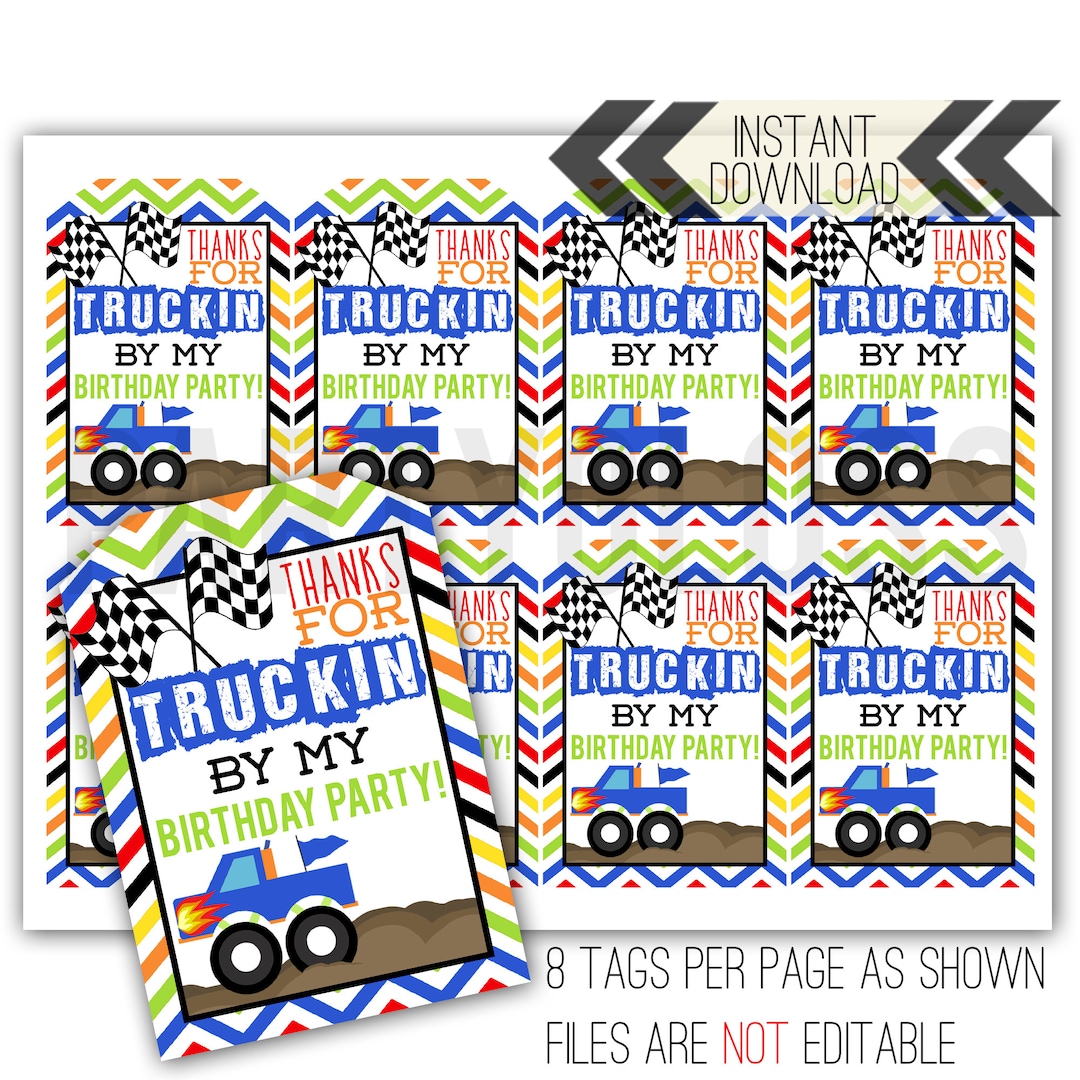Monster Truck Printable Birthday Party Favor Tags, Thanks for Truckin ...