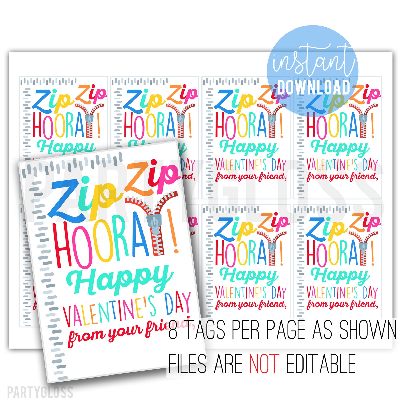 Zipper Bracelet Valentine's Day Printable Tag, Zip Zip Hooray Valentine ...