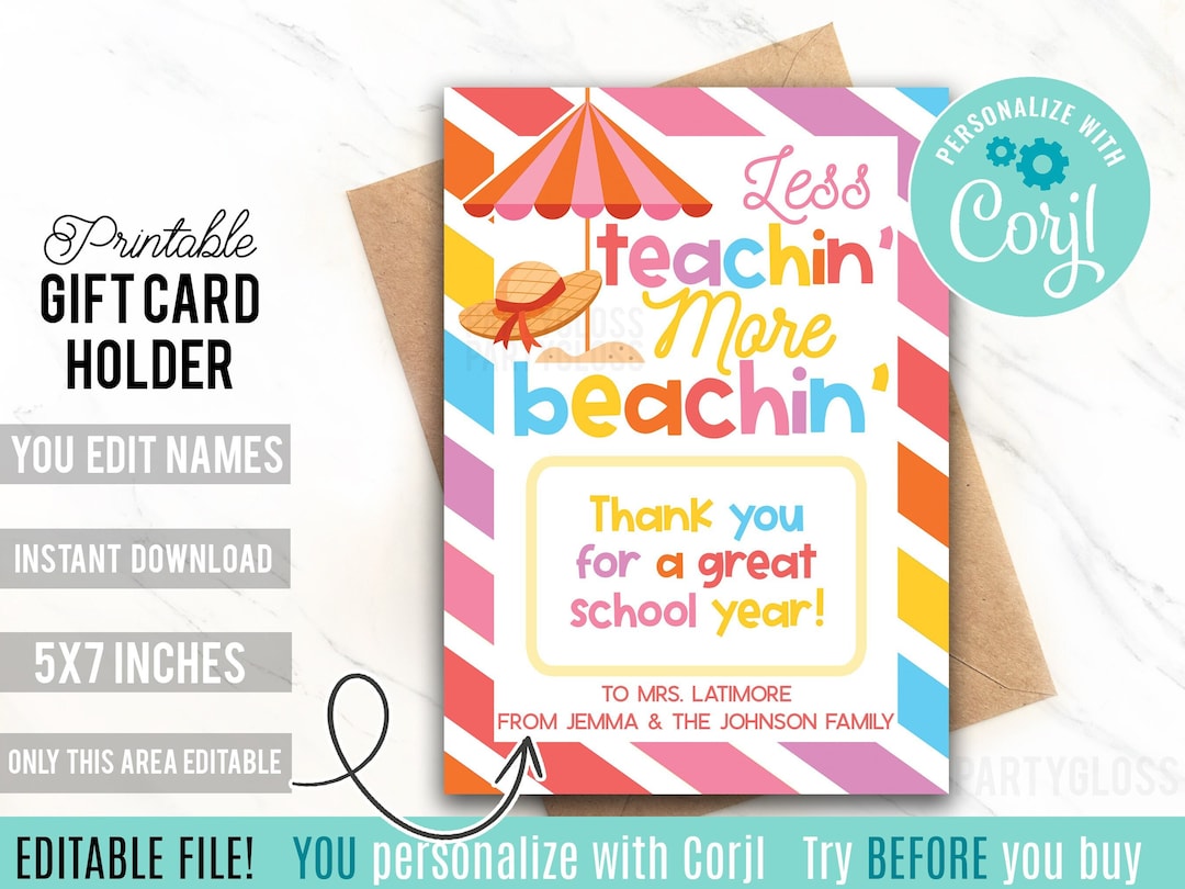 Editable End of the Year Printable Gift Card Holder Teacher ...