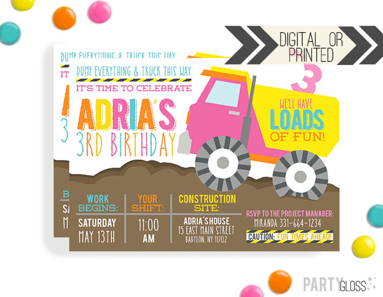 Girl Construction Birthday Invitation | Digital or Printed | Dump Truck ...