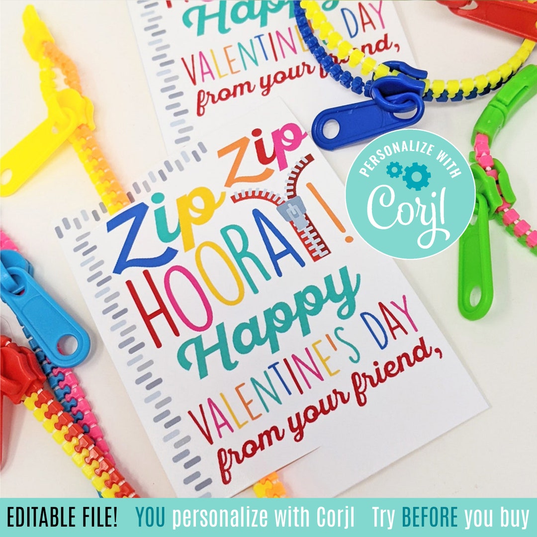 Editable Zipper Bracelet Valentine's Day Printable Tags Zip Zip Hooray ...