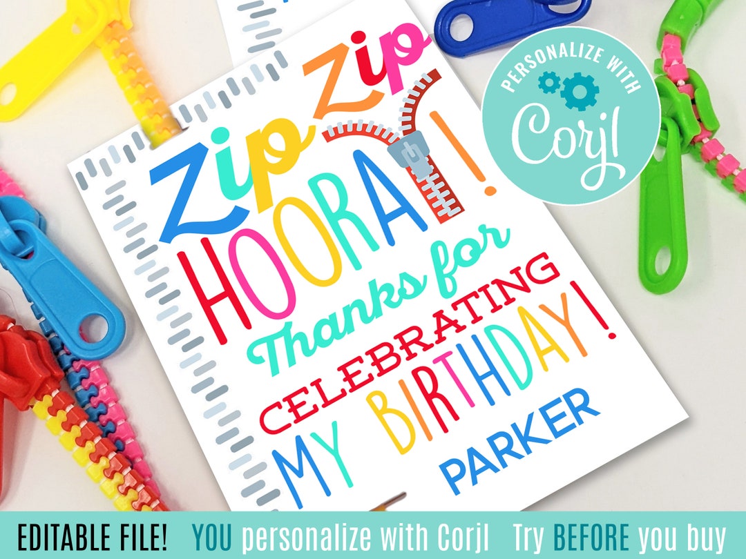 Editable Zipper Bracelet Birthday Party Printable Tags, Zip Zip Hooray ...