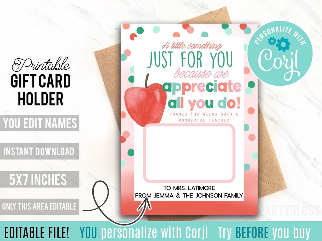 Editable Teacher Appreciation Printable Gift Card Holder A Little ...