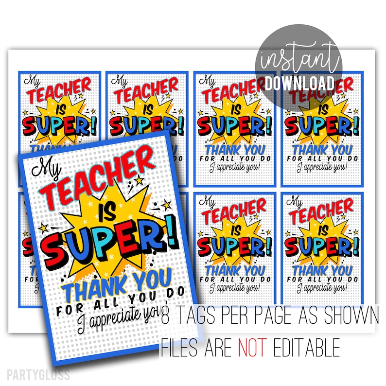 Teacher Appreciation Printable Tag Super Hero Tags Teacher | Etsy