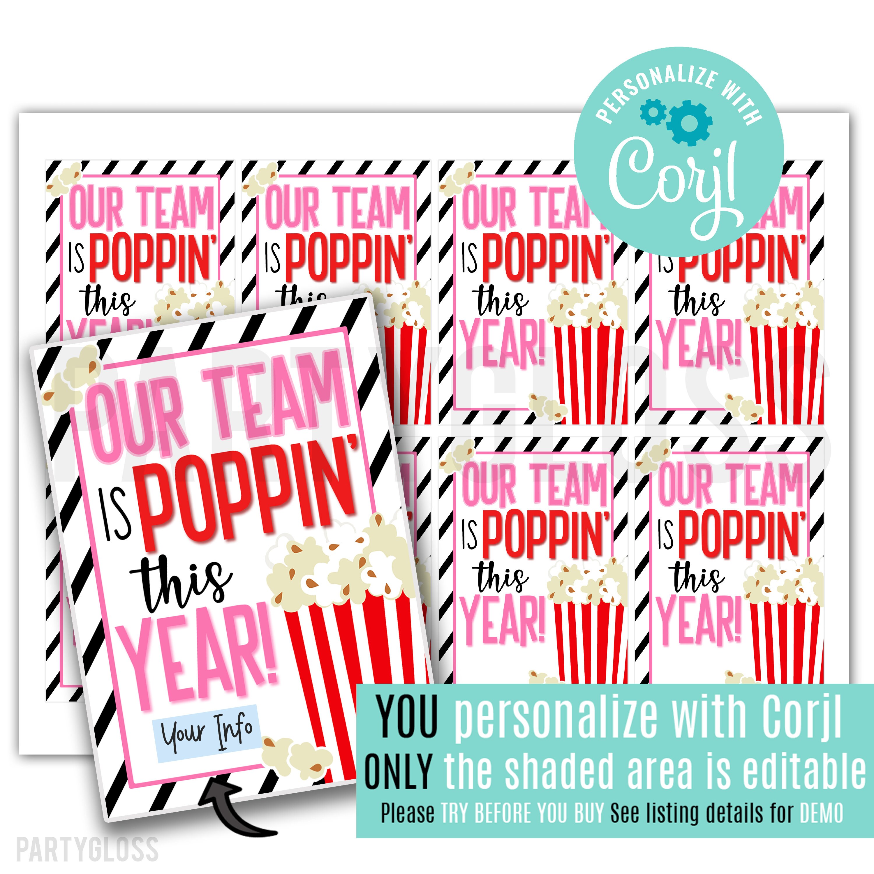 Editable Our Team is Poppin' Printable Popcorn Tag Pink - Etsy