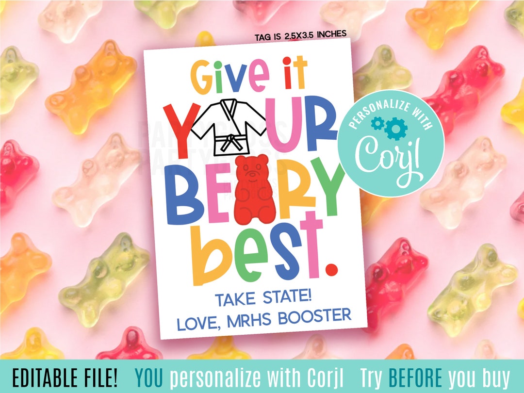 Editable Martial Arts Give It Your Beary Best Good Luck Printable Gift ...