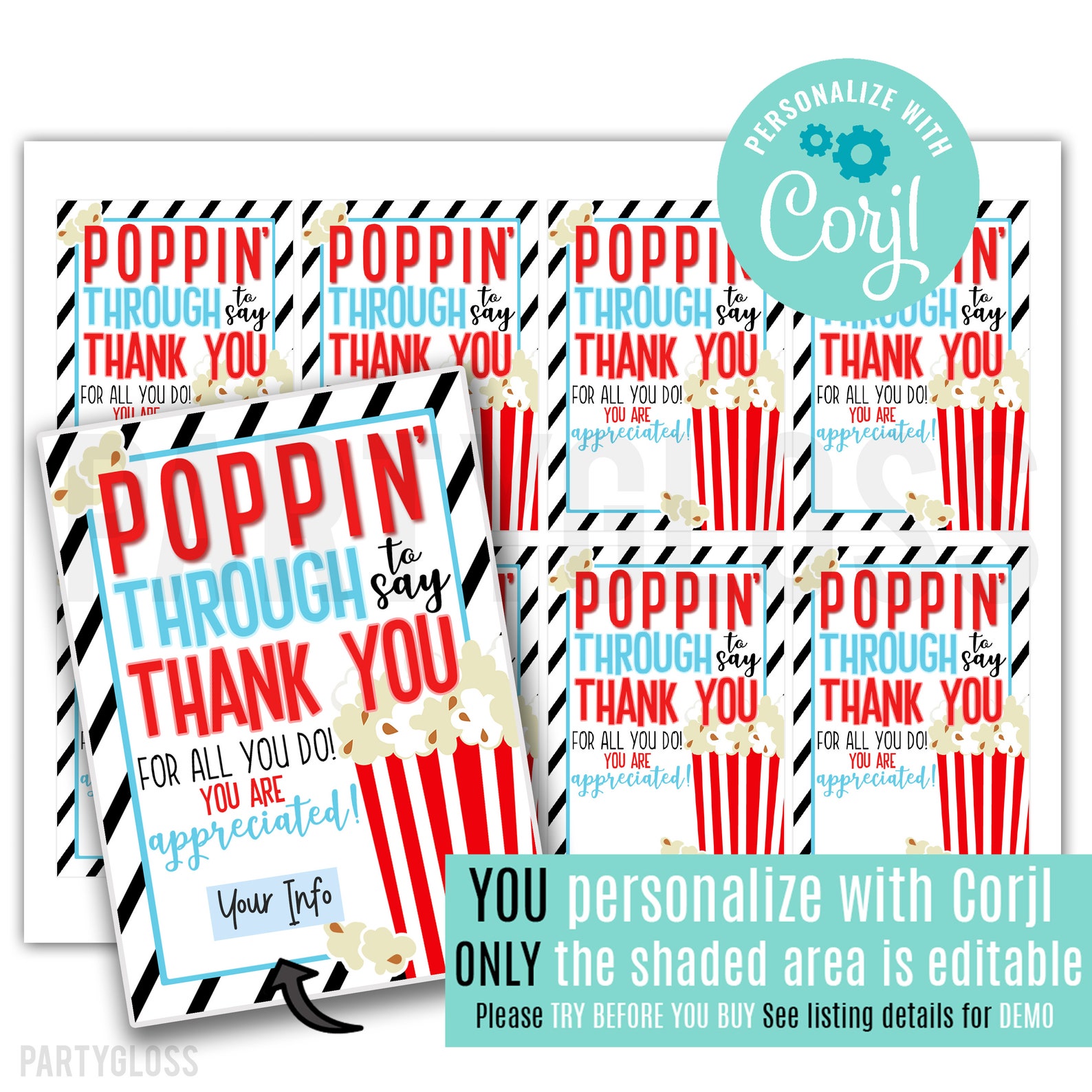 Editable Popcorn Appreciation Printable Tag Blue Popcorn | Etsy