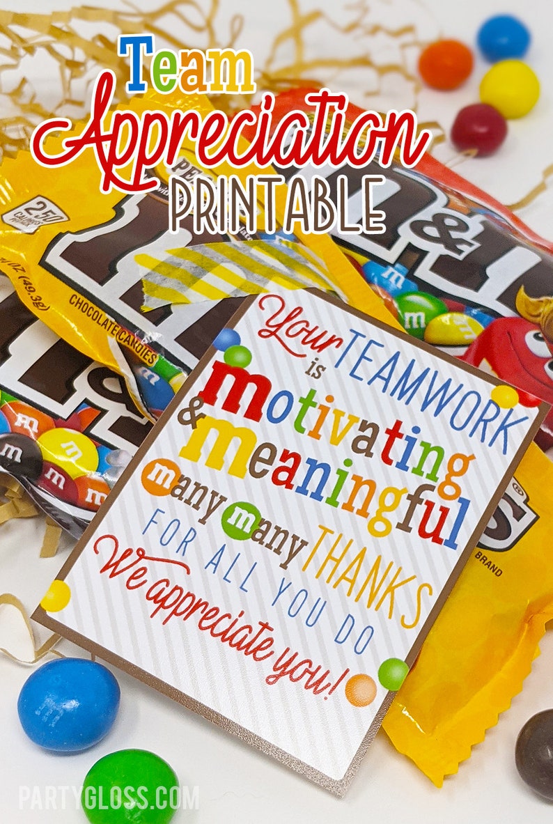 Teamwork Employee Appreciation Printable Gift Tags, Employee MM Candy Favor Tag Team Teammate ...