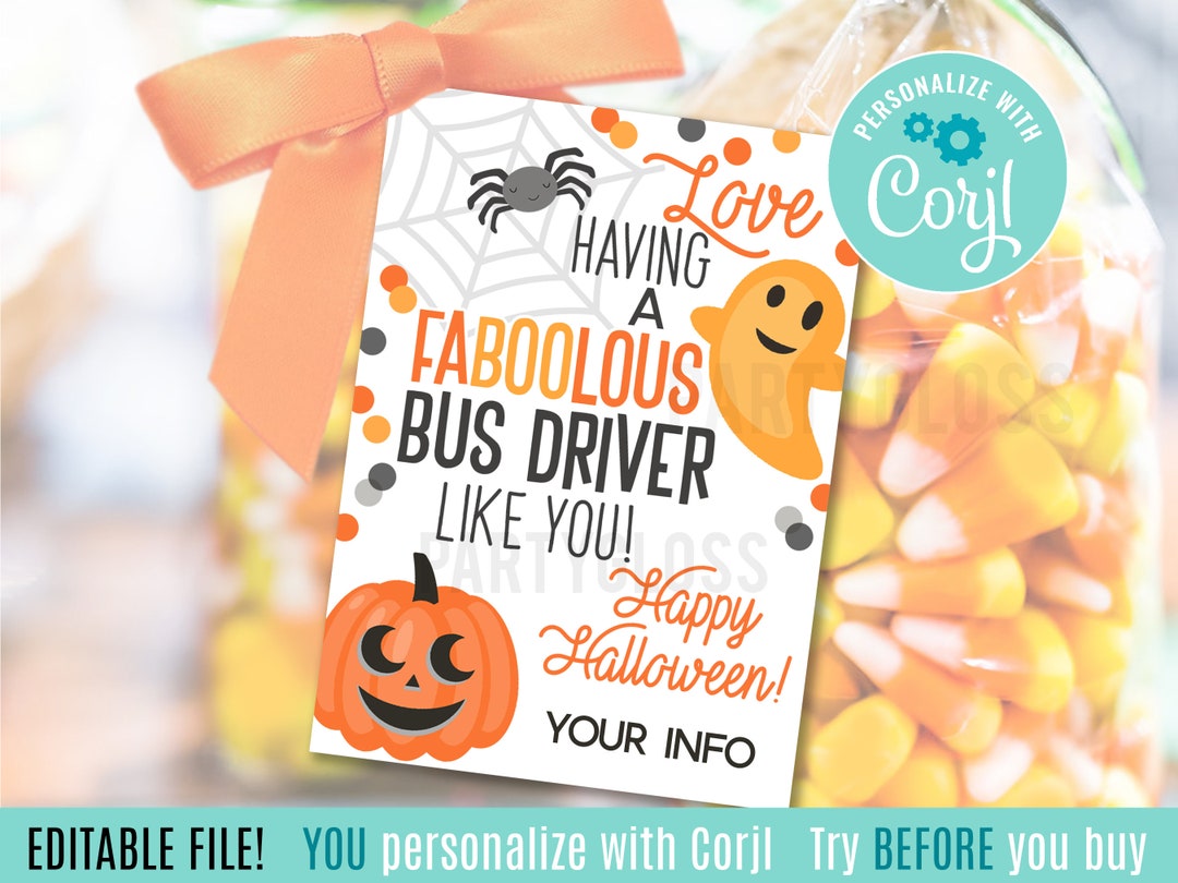 Editable Halloween Bus Driver Appreciation Printable Gift Tags, Bus ...