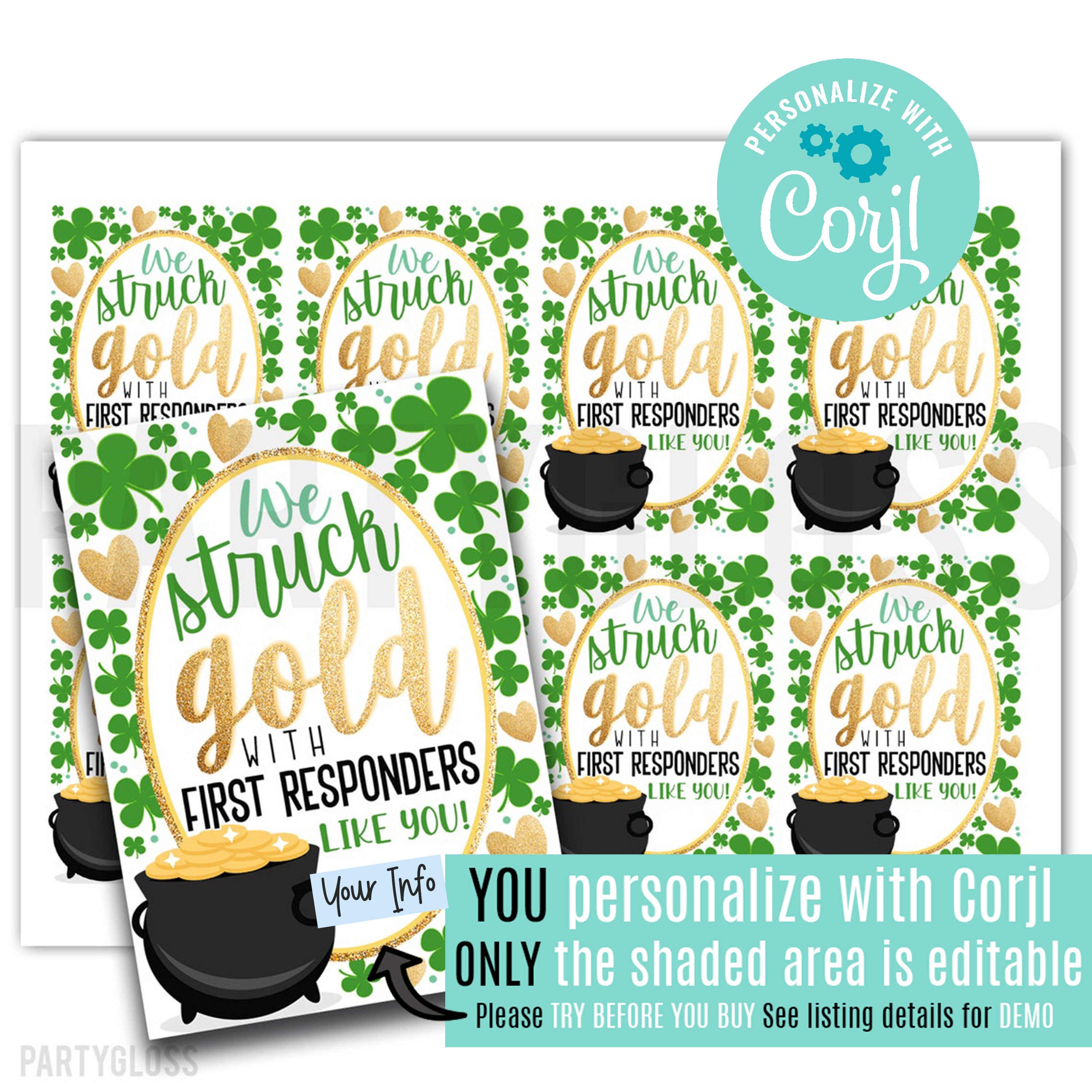 Editable First Responder Appreciation Printable Tags, St. Patrick's Day ...