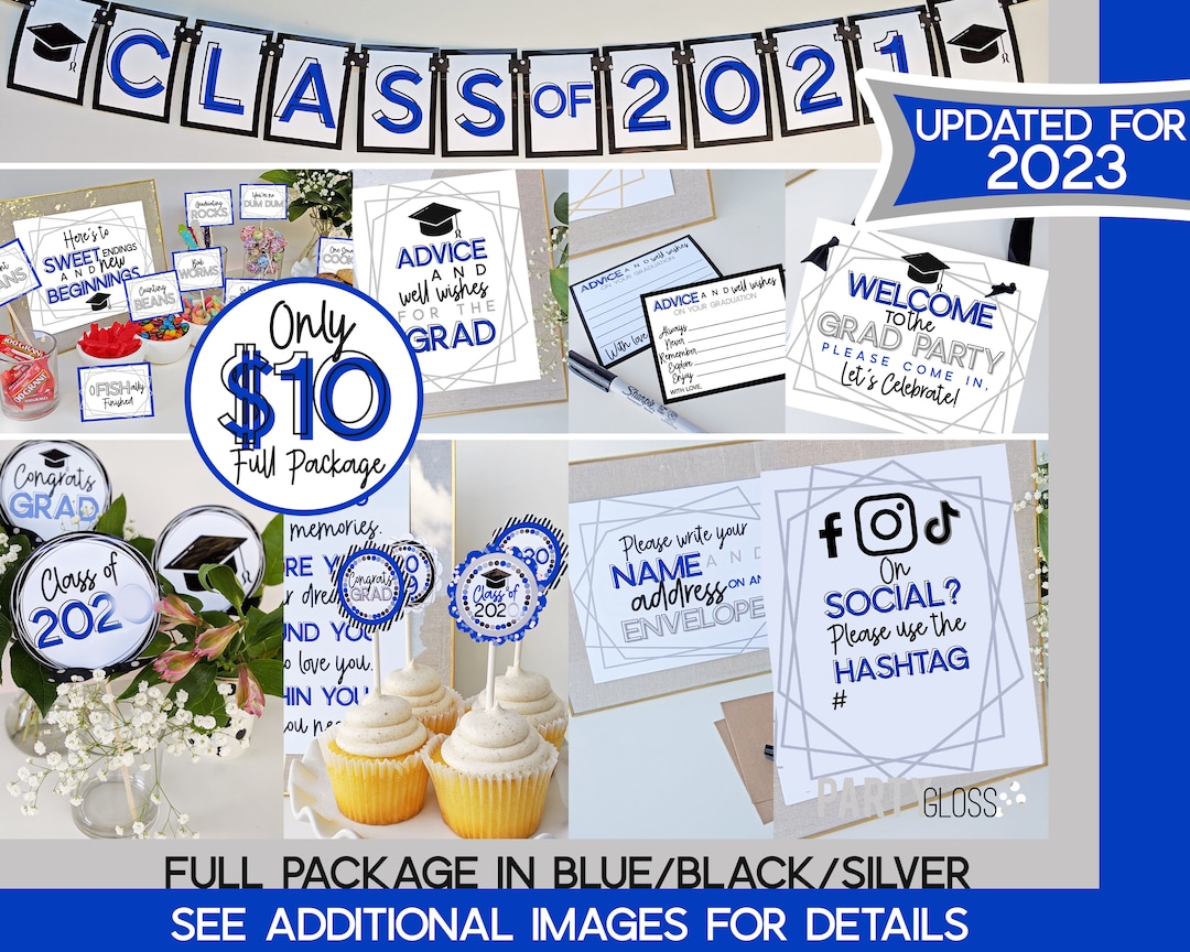Graduation Printable Package Blue Silver Black Grad Party Decor Class ...
