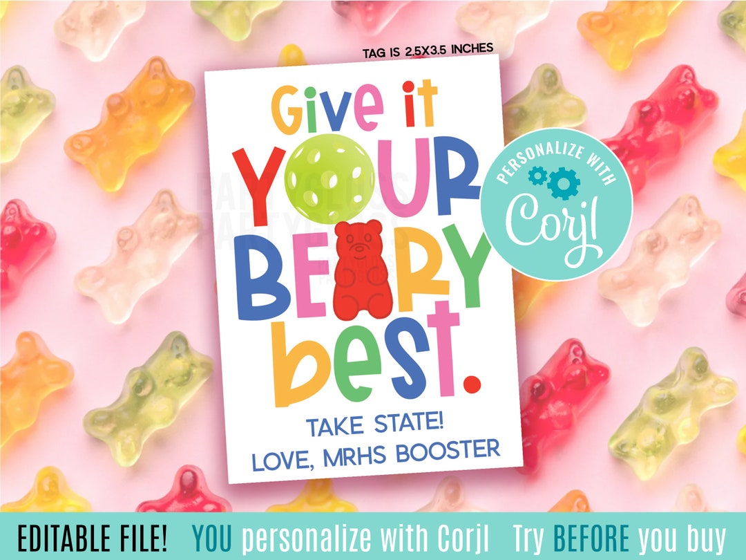 Editable Pickleball Give It Your Beary Best Good Luck Printable Gift ...