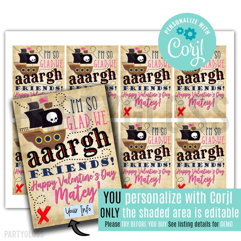 Editable Pirate Valentine's Day Printable Tags Valentine Booty Class ...