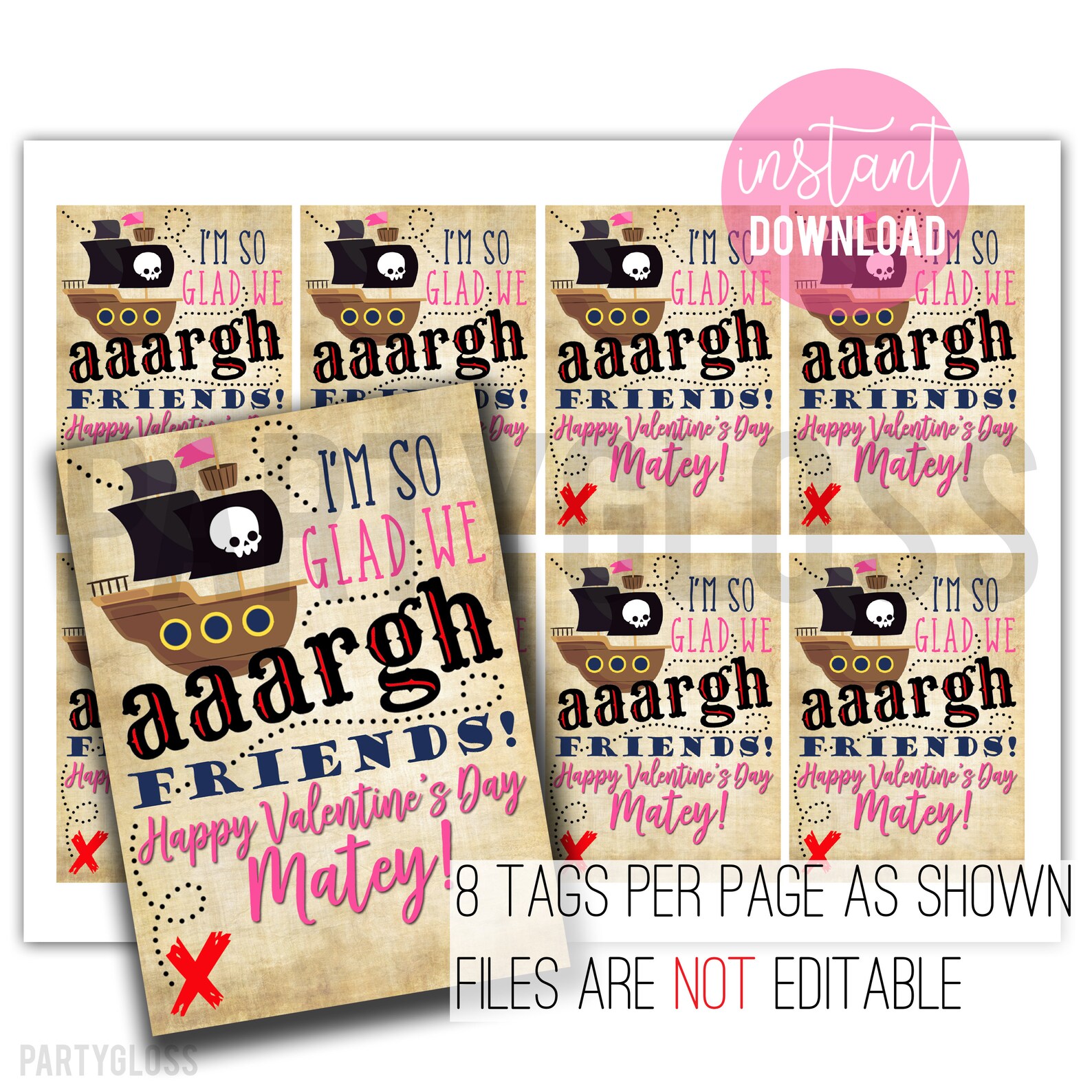 Pirate Valentine's Day Printable Tag Valentine Booty Class - Etsy