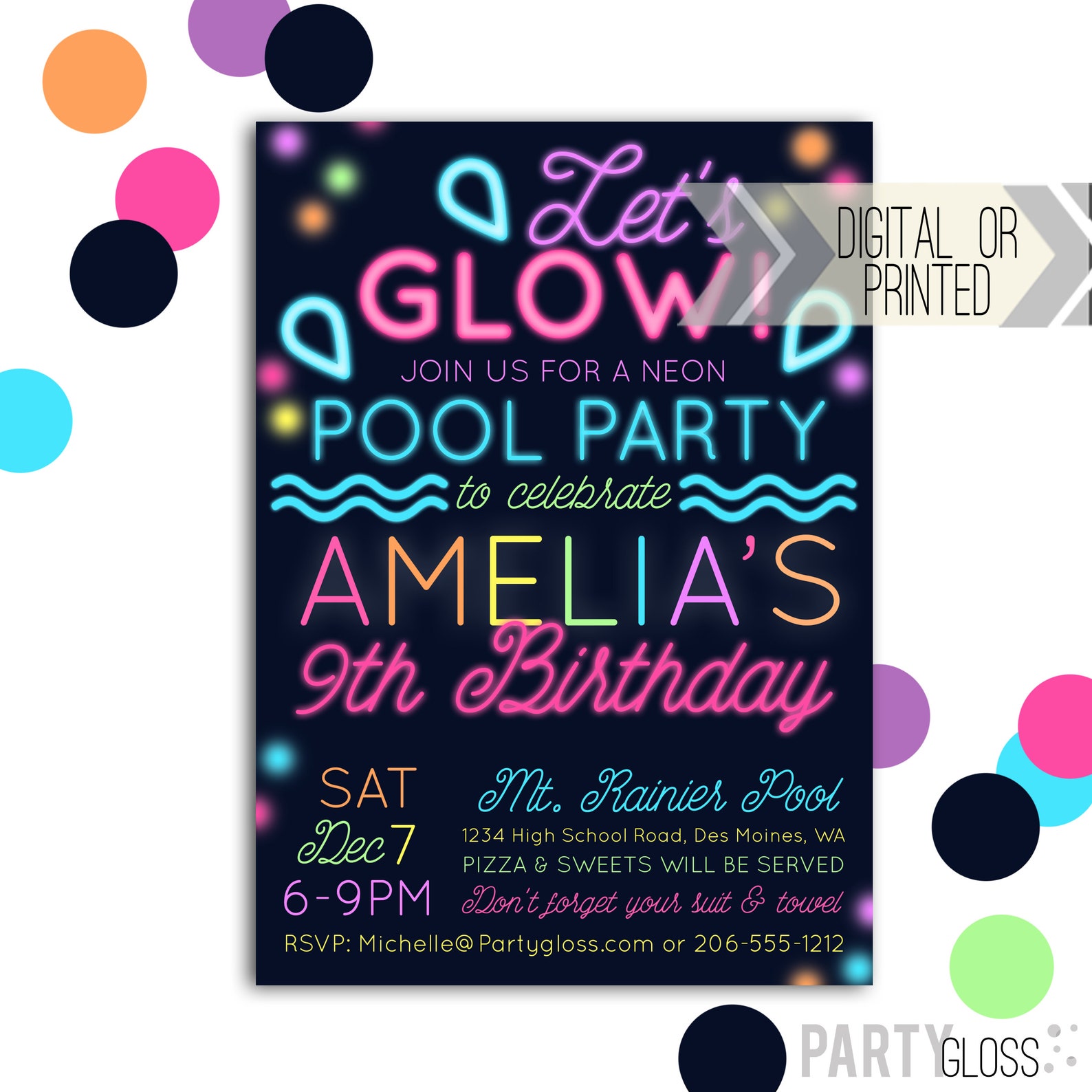 Neon Glow Pool Party Invitation - Digital or Printed | Pool Party ...