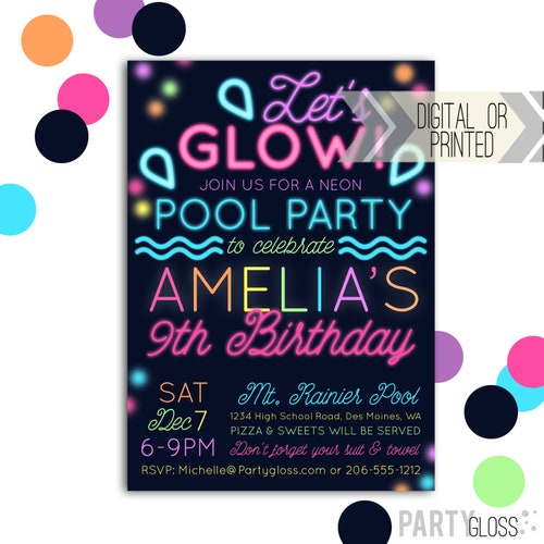Neon Glow Pool Party Invitation Digital or Printed Pool - Etsy