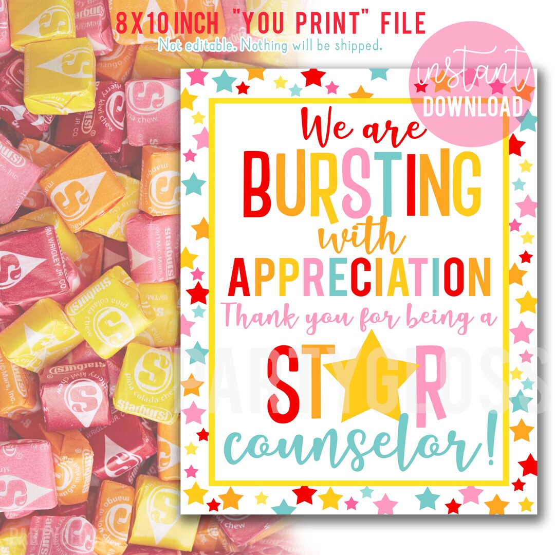 Counselor Appreciation Printable 8x10 Sign, Star Counselors Week Candy ...