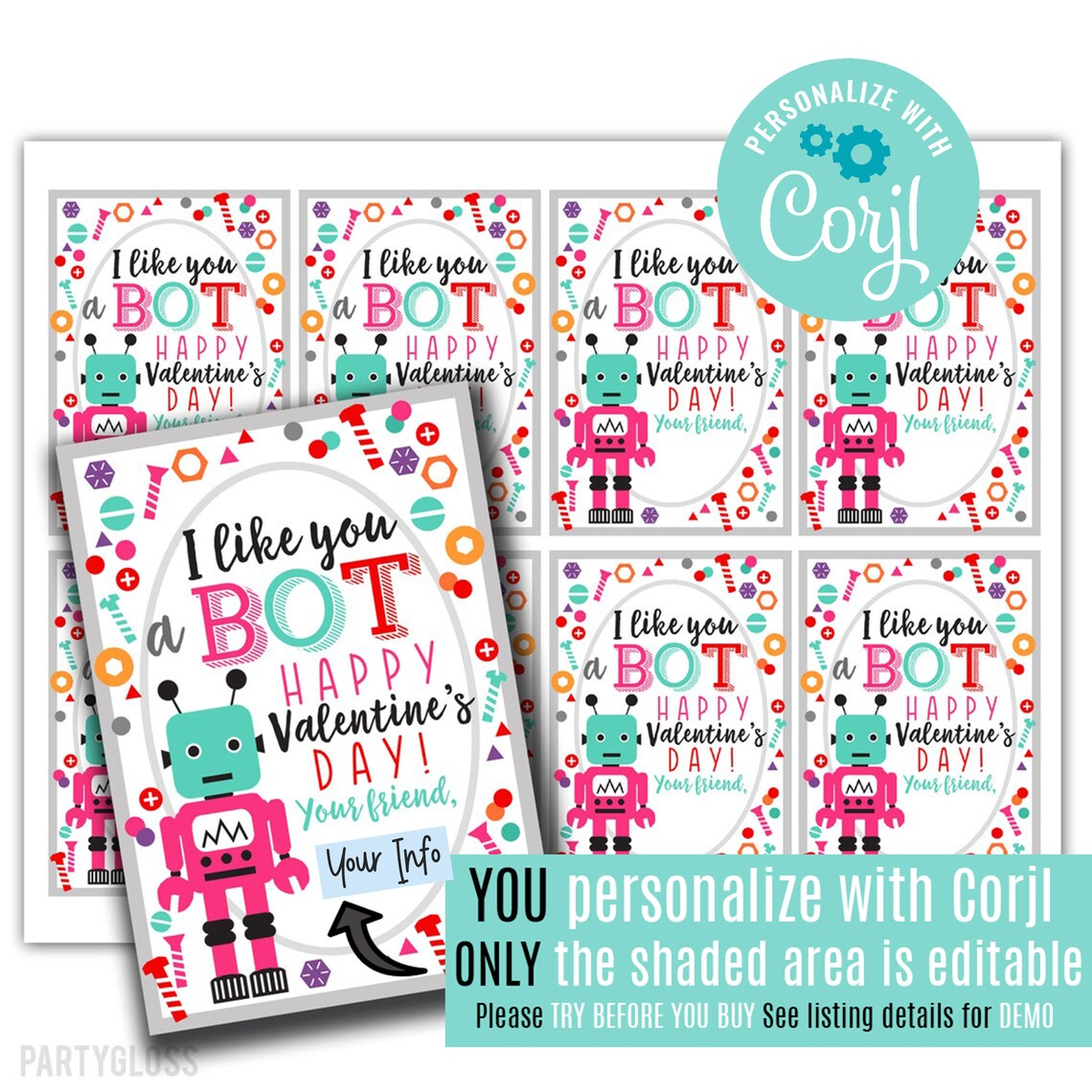Editable Robot Girl Valentine's Day Printable Tags Like You A Bot Girly ...