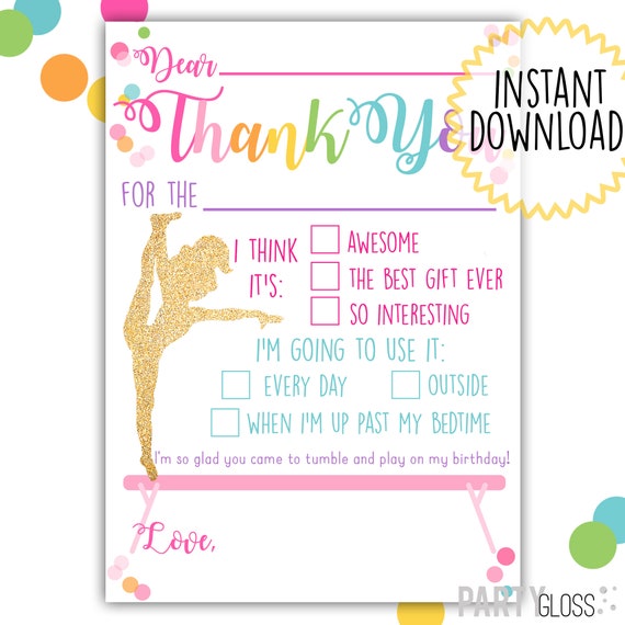 Gymnastics Party Printable Thank You Card Tumble Fill in - Etsy