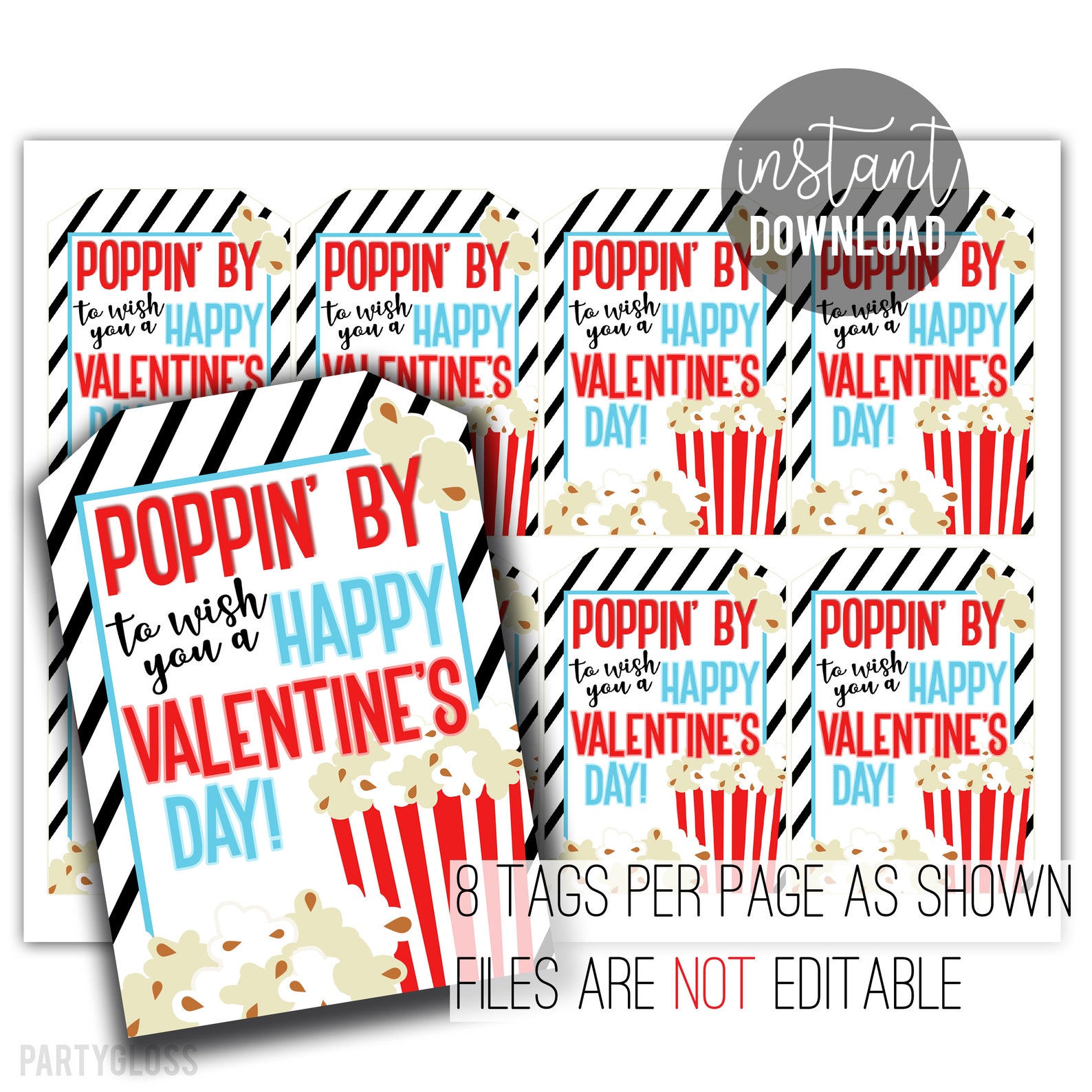 Popcorn Valentine's Day Printable Tag, Poppin' by Valentine, Valentine ...