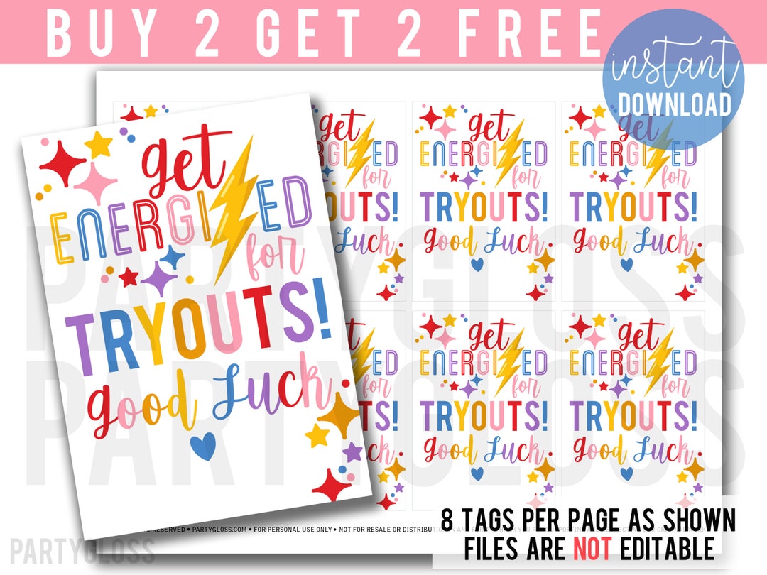 Tryout Good Luck Tags, Team Sports Game Dance Cheer, Energy Drink Treat ...