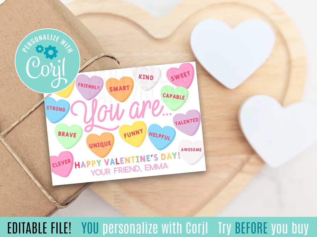 Editable Candy Hearts Valentine's Day Printable Tag Rainbow Pastel Girl ...