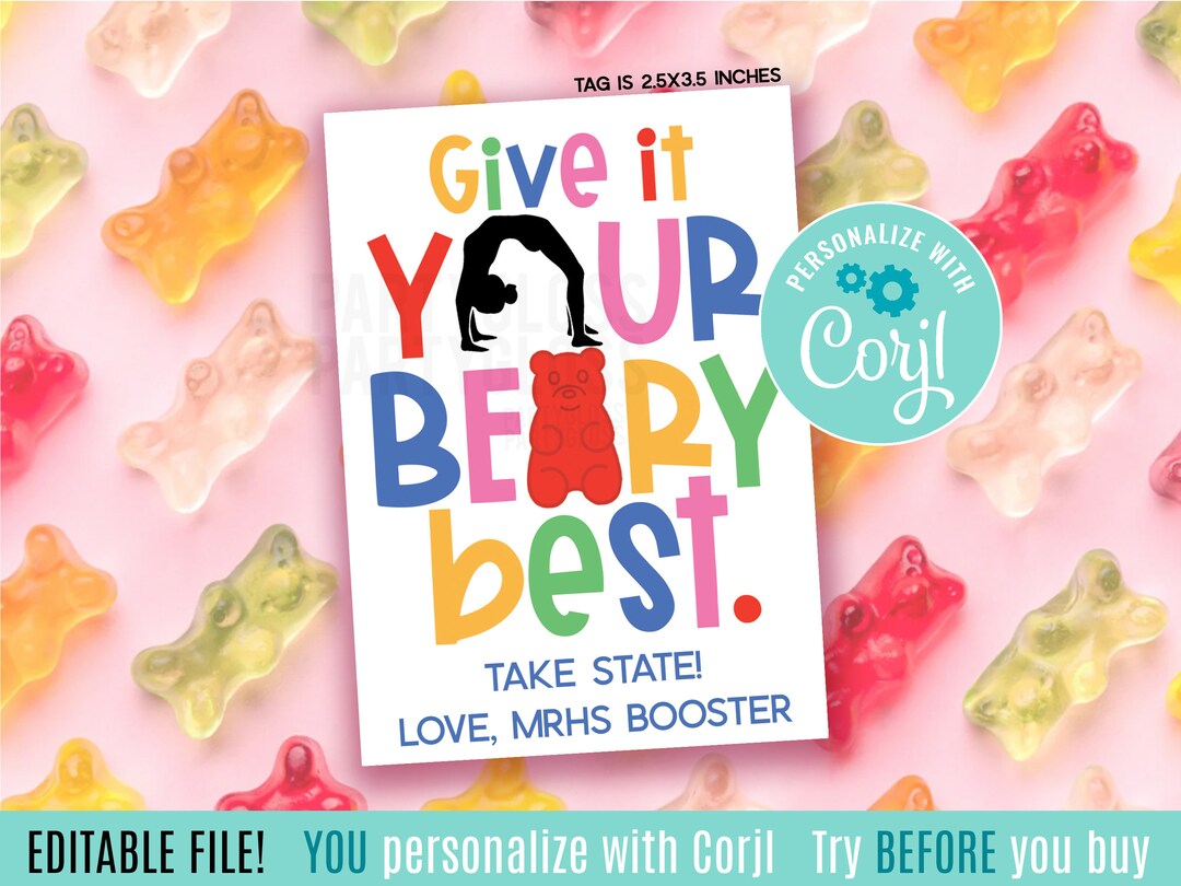 Editable Gymnastics Give It Your Beary Best Luck Printable Gift Tags ...
