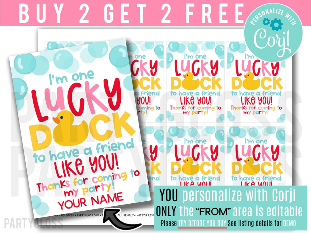 Editable Rubber Duck Birthday Party Printable Favor Tags, I'm One Lucky ...