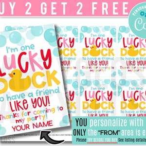 Editable Rubber Duck Birthday Party Printable Favor Tags, I'm One Lucky ...