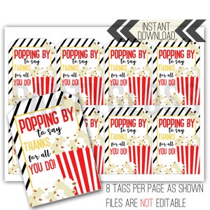 Popcorn Appreciation Printable Gift Tags, Popping by to Say Thanks for ...