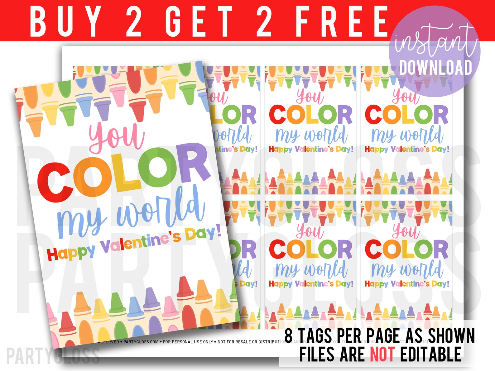 Coloring Rainbow Crayon Valentine's Day Printable Tags - Etsy
